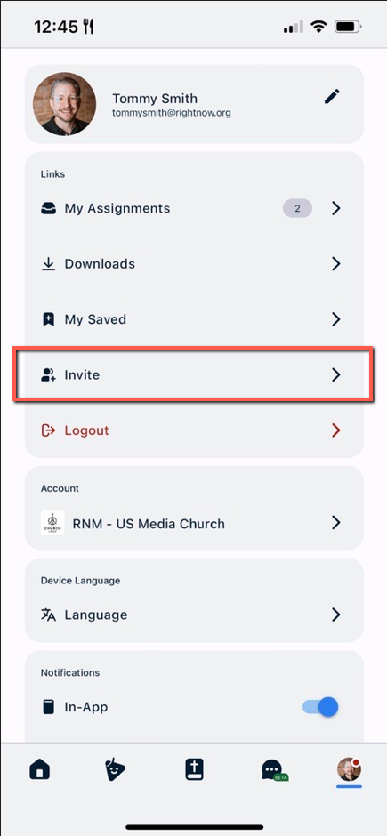 How do I send an invite to a friend through the app?
